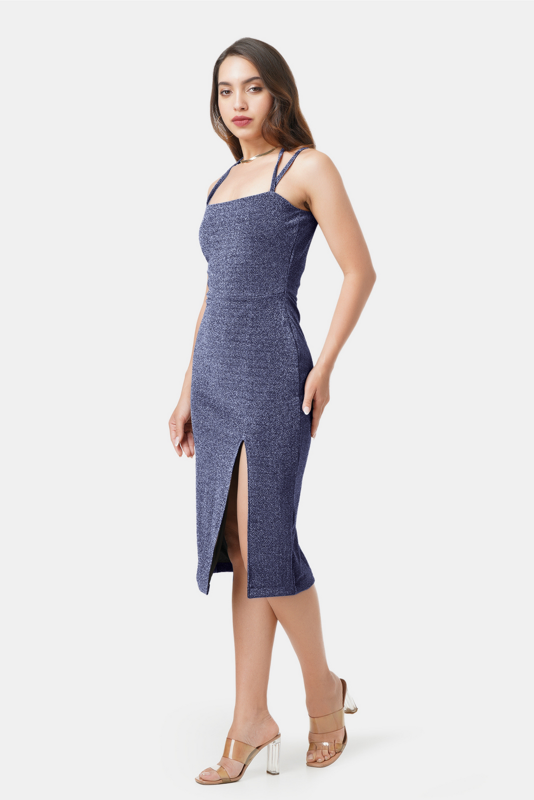 ATHENA SHIMMER THIGH HIGH SLIT DRESS BLUE – bout-to-wear